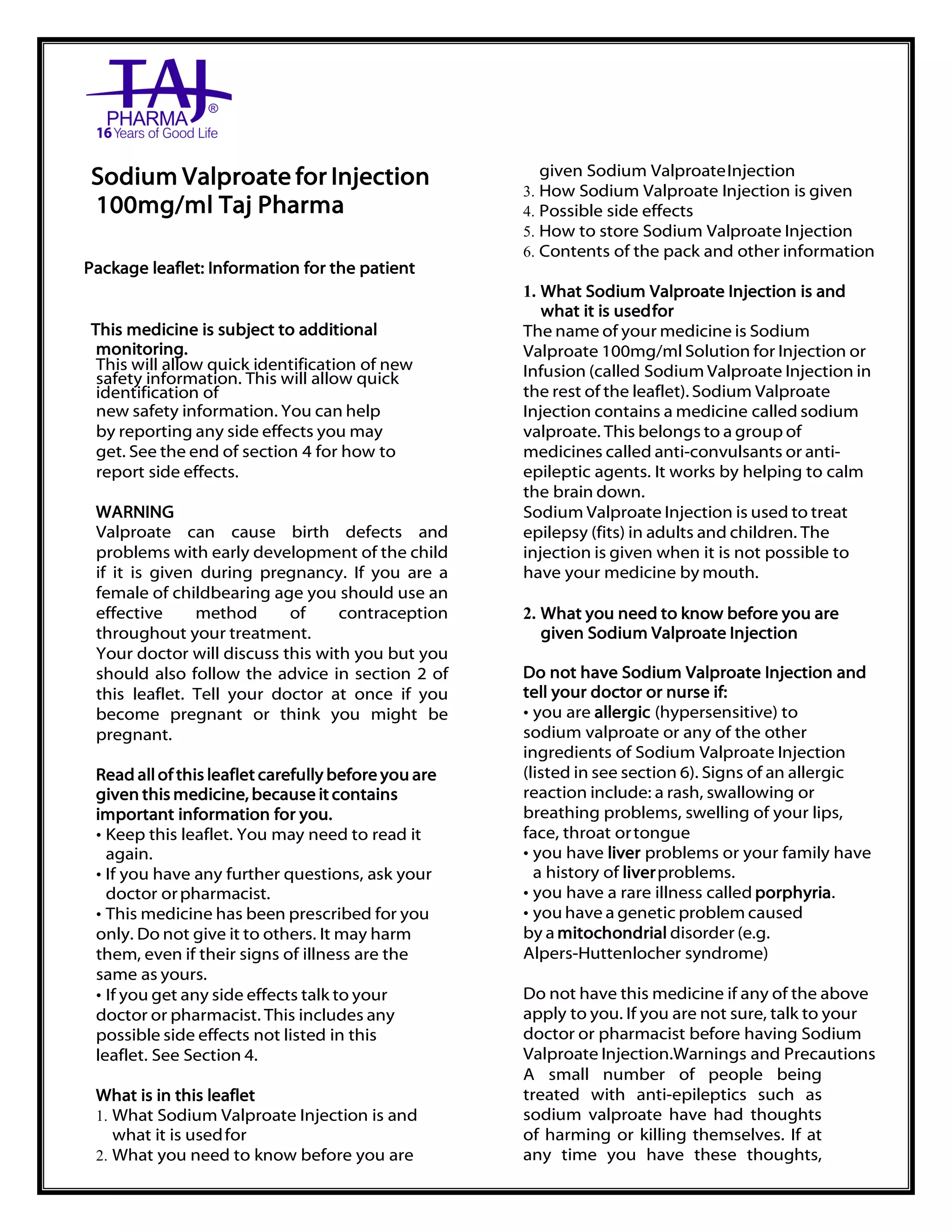 Sodium Valproate for Injection Taj Pharma PIL | PDF