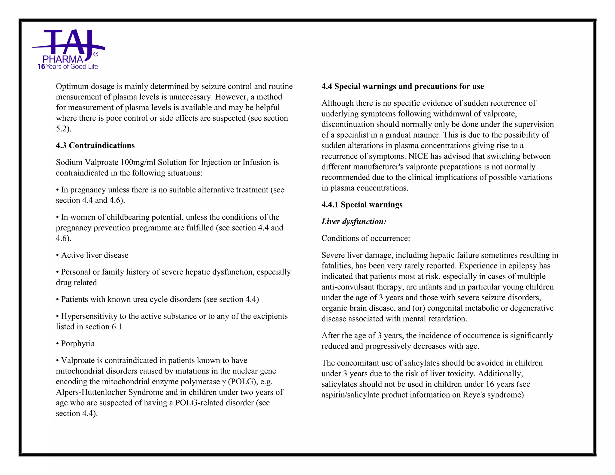 Sodium Valproate for Injection Taj Pharma SmPC | PDF | Chemistry | Science