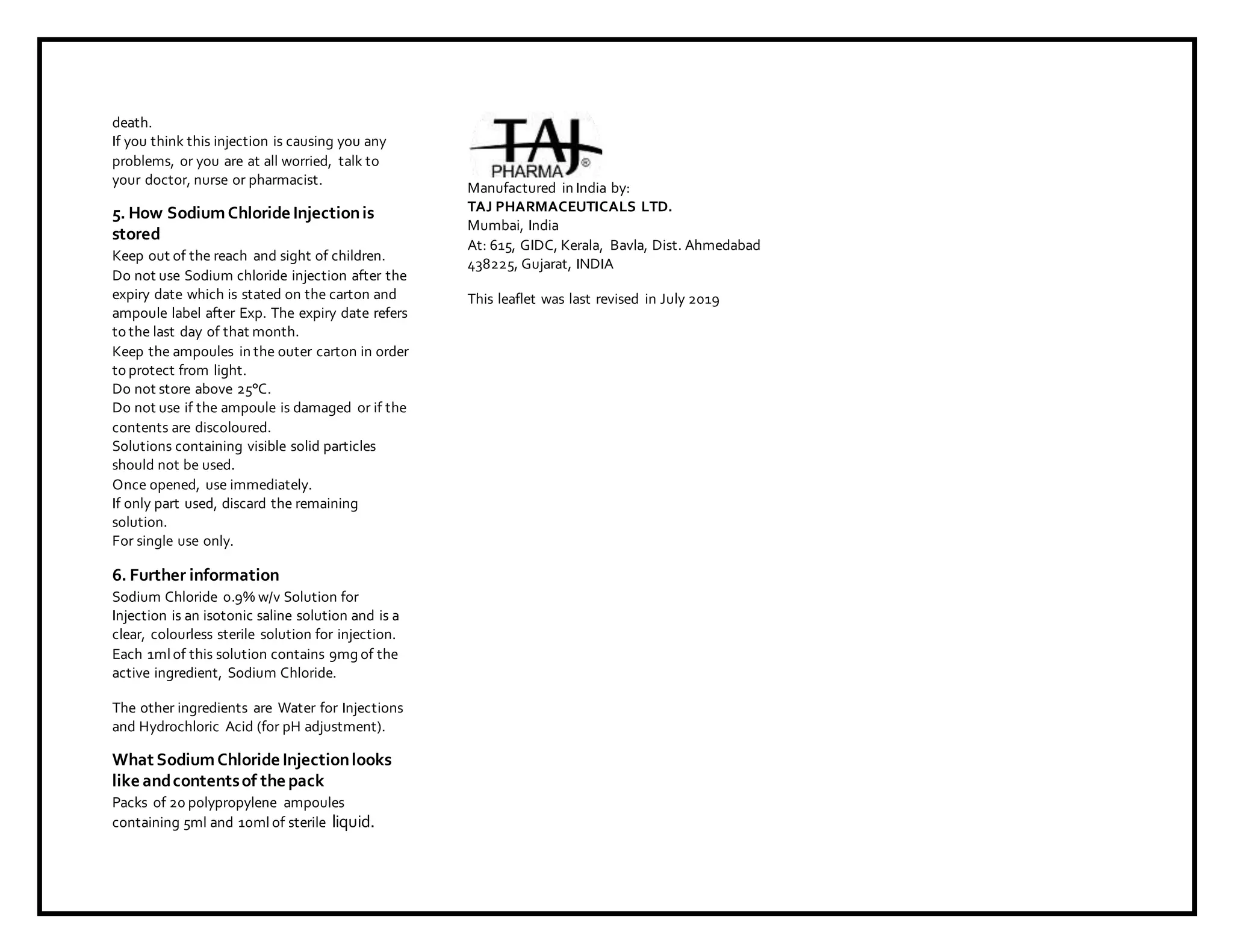 Sodium chloride 0.9%w by v injection pil, taj pharmaceuticals. | DOCX