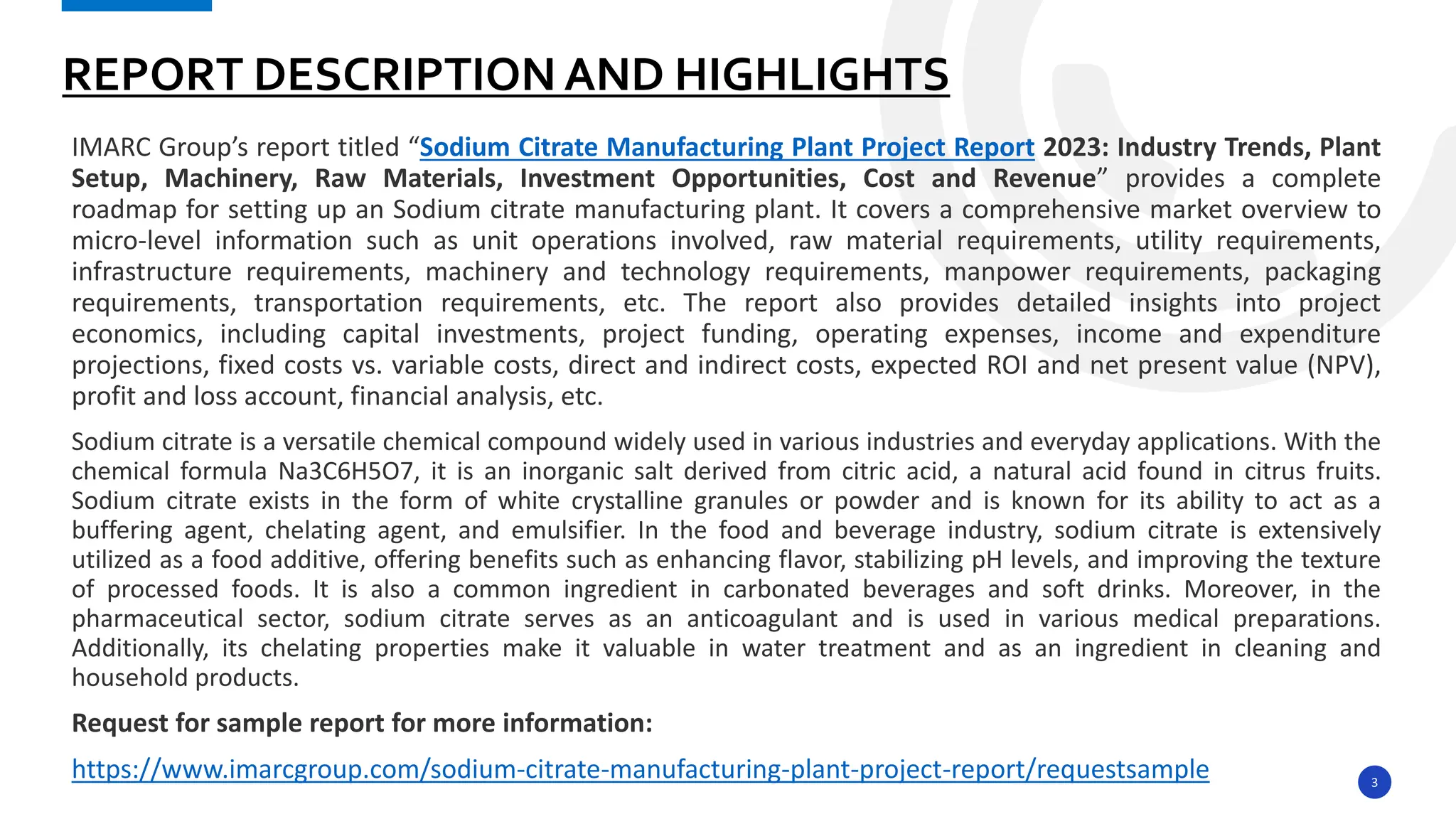 Detailed Project Report on Sodium Citrate Manufacturing Unit Setup | PPTX