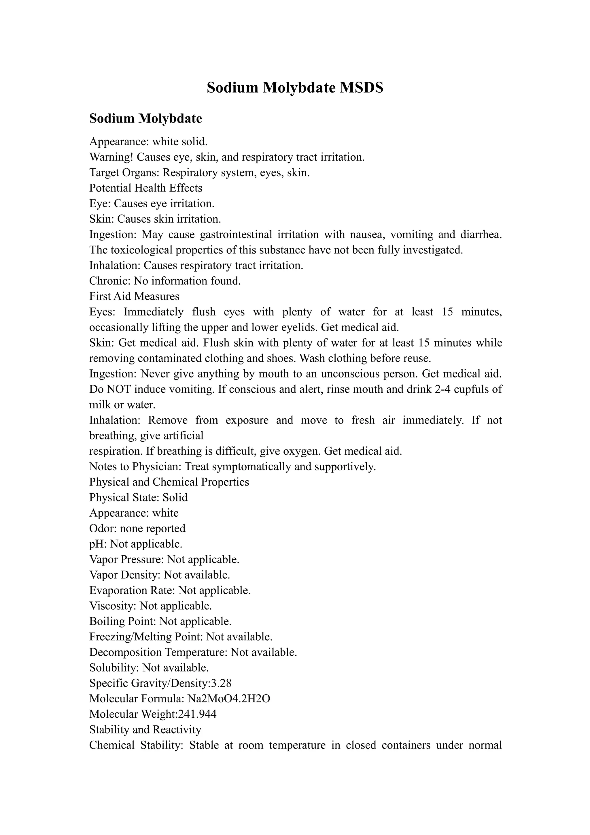 Sodium molybdate msds | PDF | First Aid | Injuries