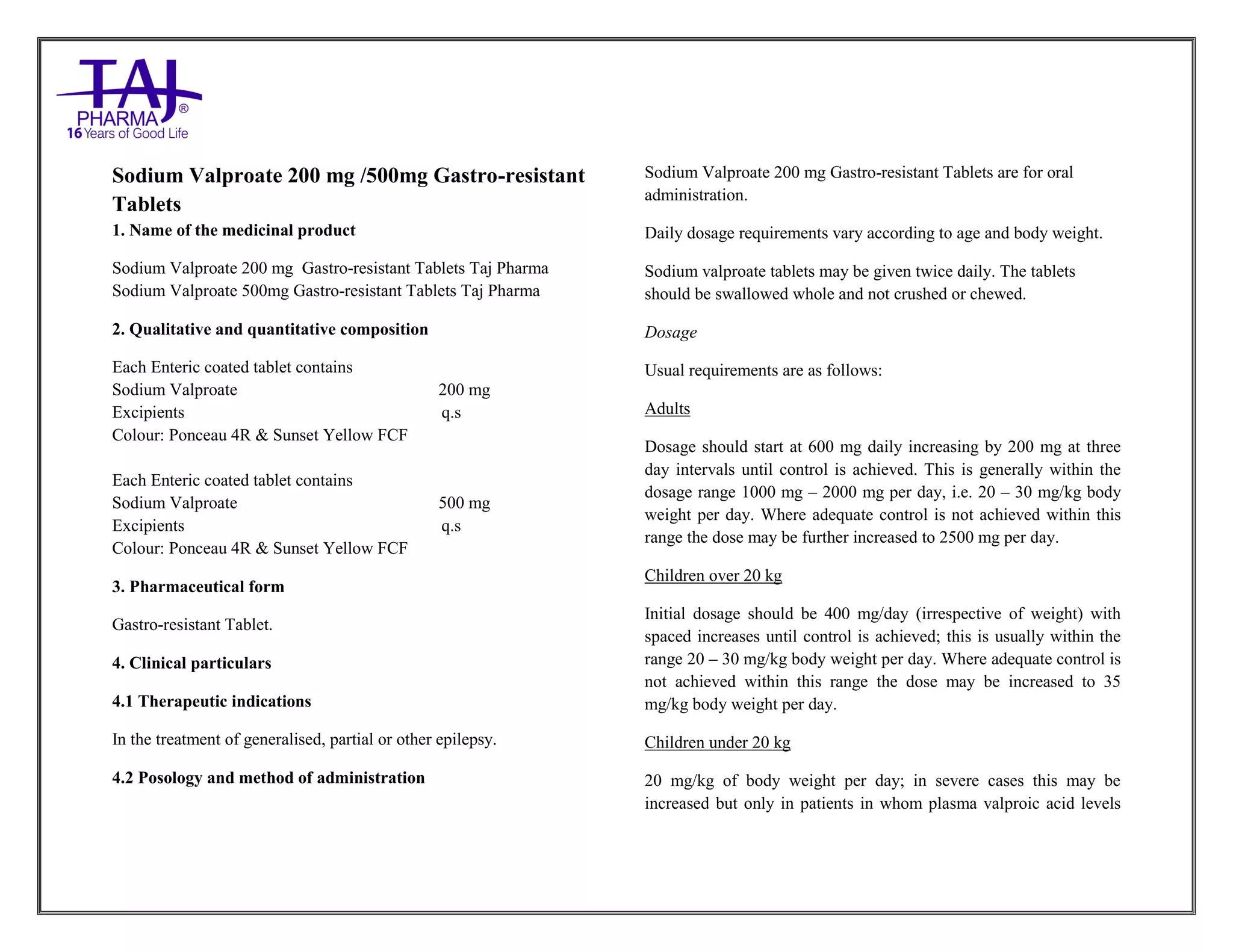 Sodium valproate GR Tablets Taj Pharma SmPC | PPT