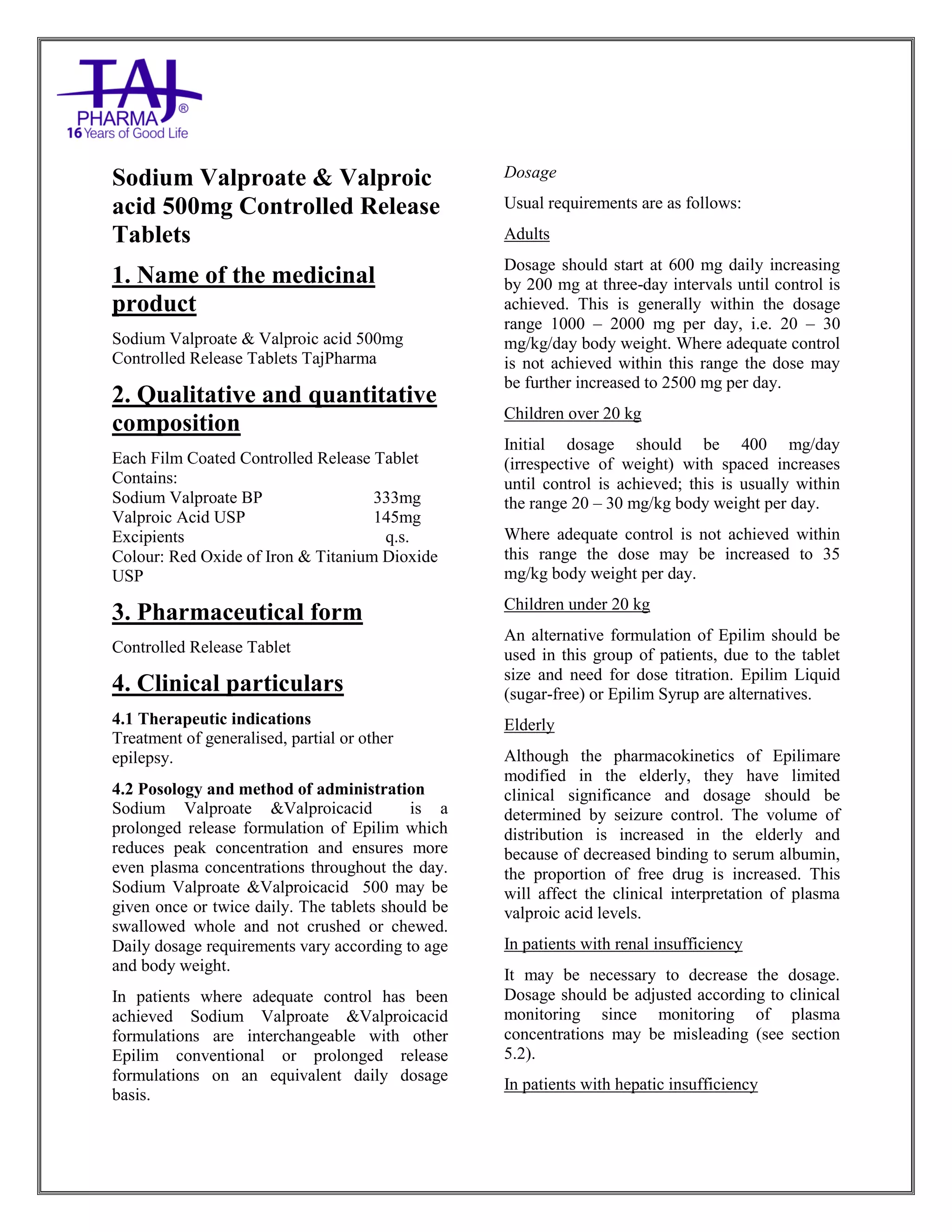 Sodium Valproate & Valproic Acid CR Tablets 500mg Taj Pharma SmPC | PDF