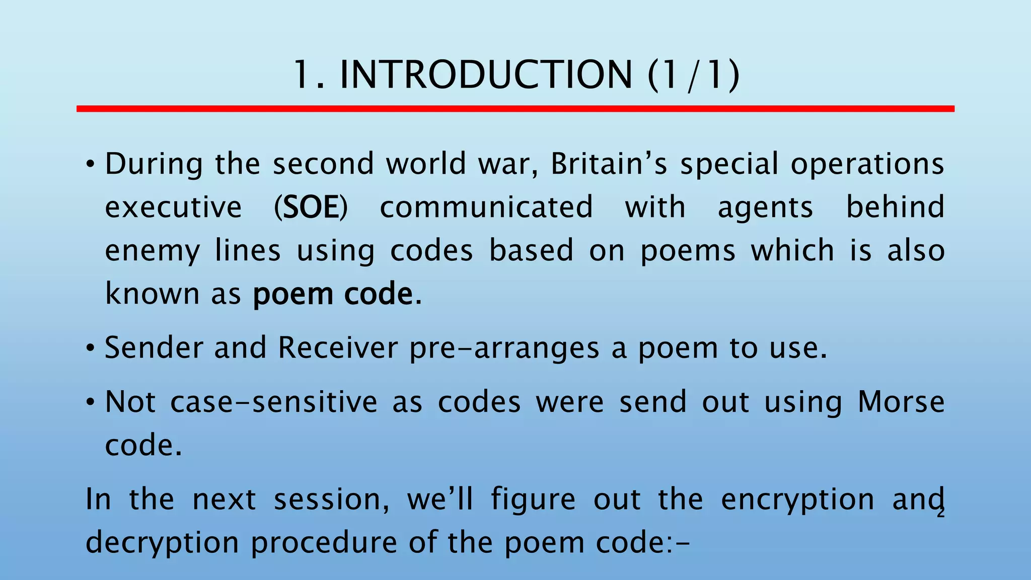 Poem code/ SOE code, an early cryptographic scheme used in WW2 | PPT
