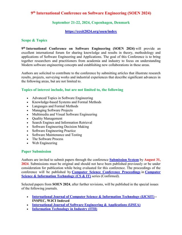 Submit Your Papers-9th International Conference on Software Engineering ...