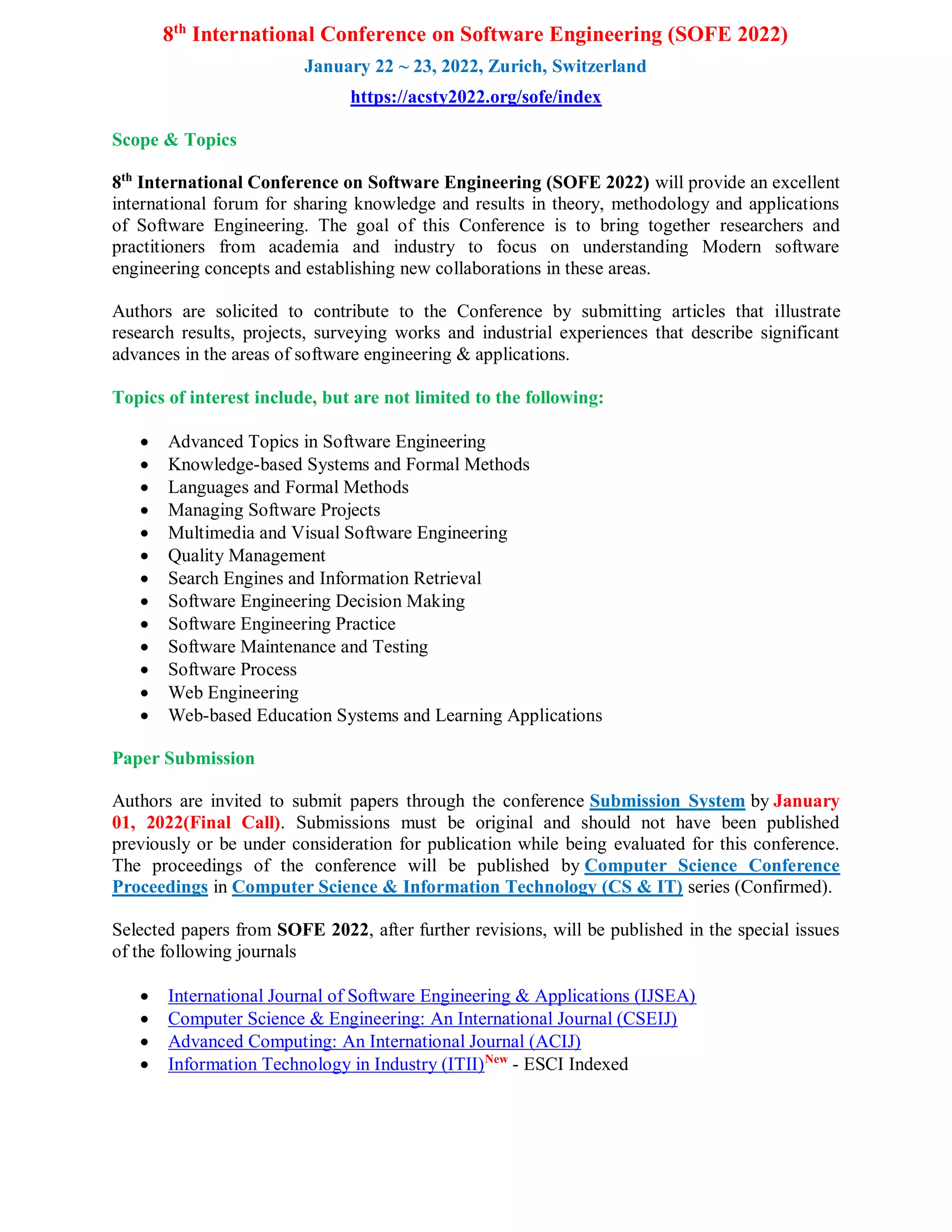 8th International Conference on Software Engineering (SOFE 2022) | PDF