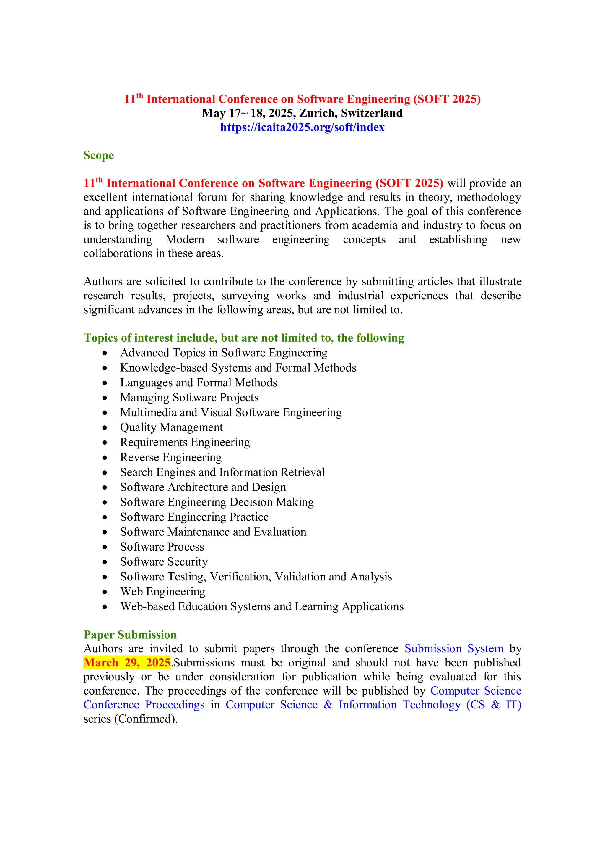 11th International Conference on Software Engineering (SOFT 2025) | PDF