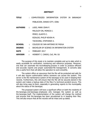 COMPUTERIZED INFORMATION SYSTEM IN BARANGAY POBLACION, DANAO CITY, CEBU ...