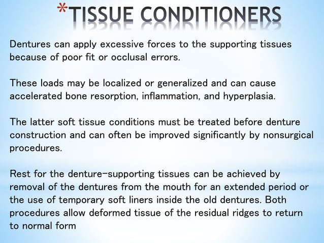 Soft liners and tissue conditioners | PPTX | Dental Health | Diseases ...