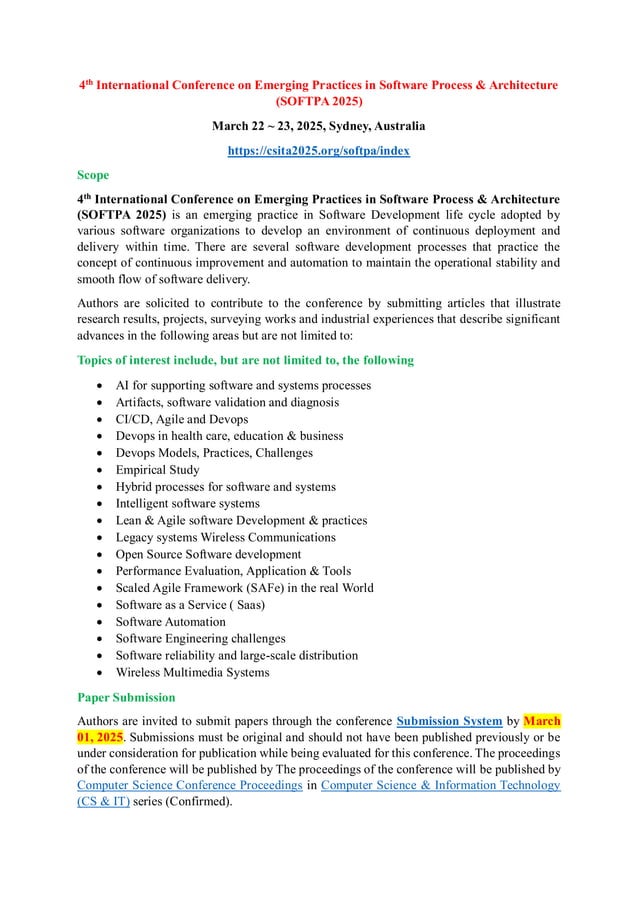 4 th International Conference on Emerging Practices in Software Process & Architecture (SOFTPA ...