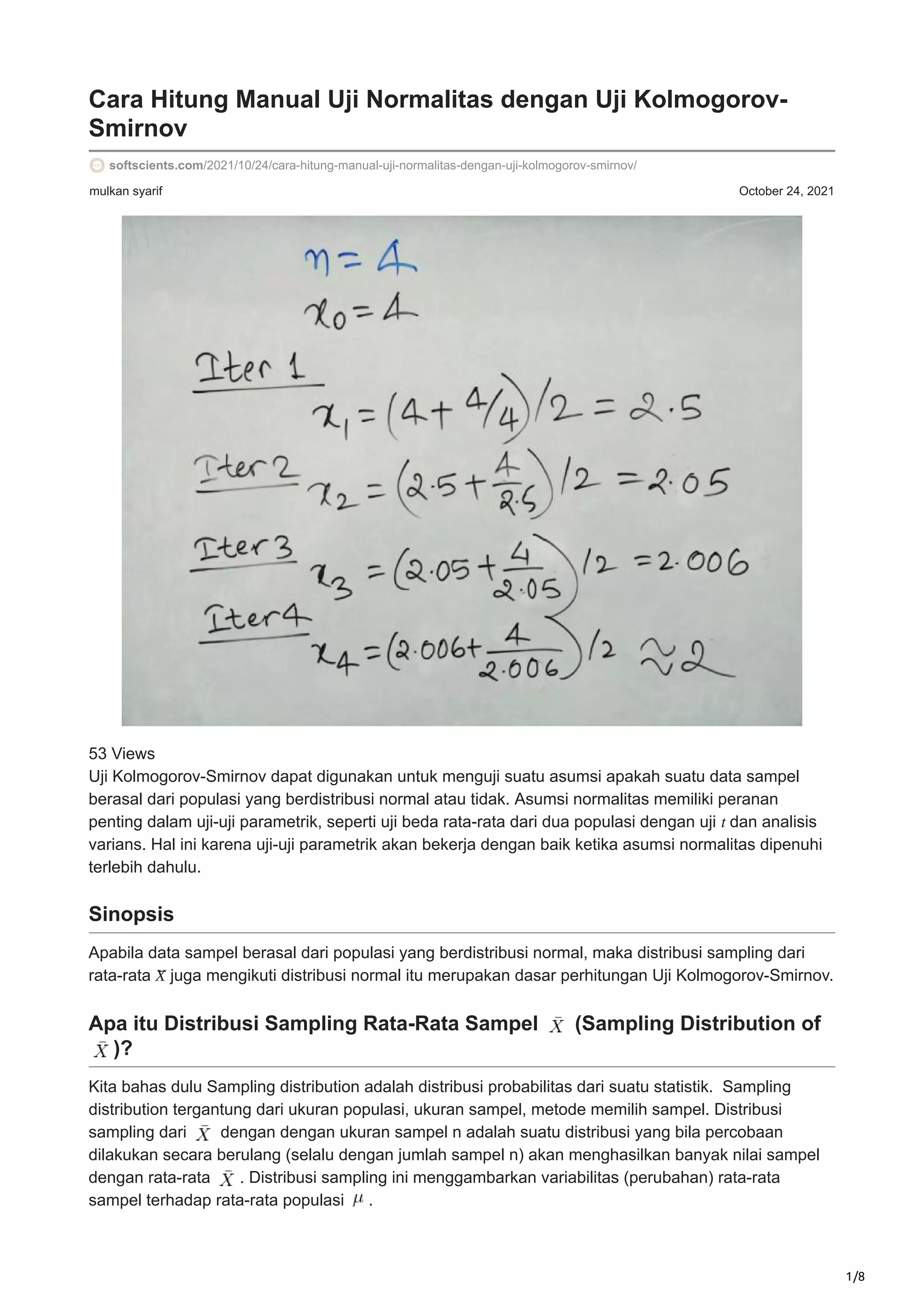 cara hitung manual uji normalitas dengan uji kolmogorov-smirnov | PDF