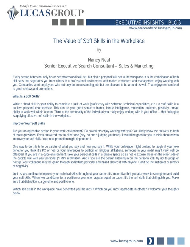 The Value of Soft Skills in the Workplace | PDF | Resume Writing and ...