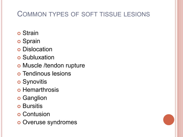 Soft tissue lesions/sprain,strian,acute injury, subacute injury ...