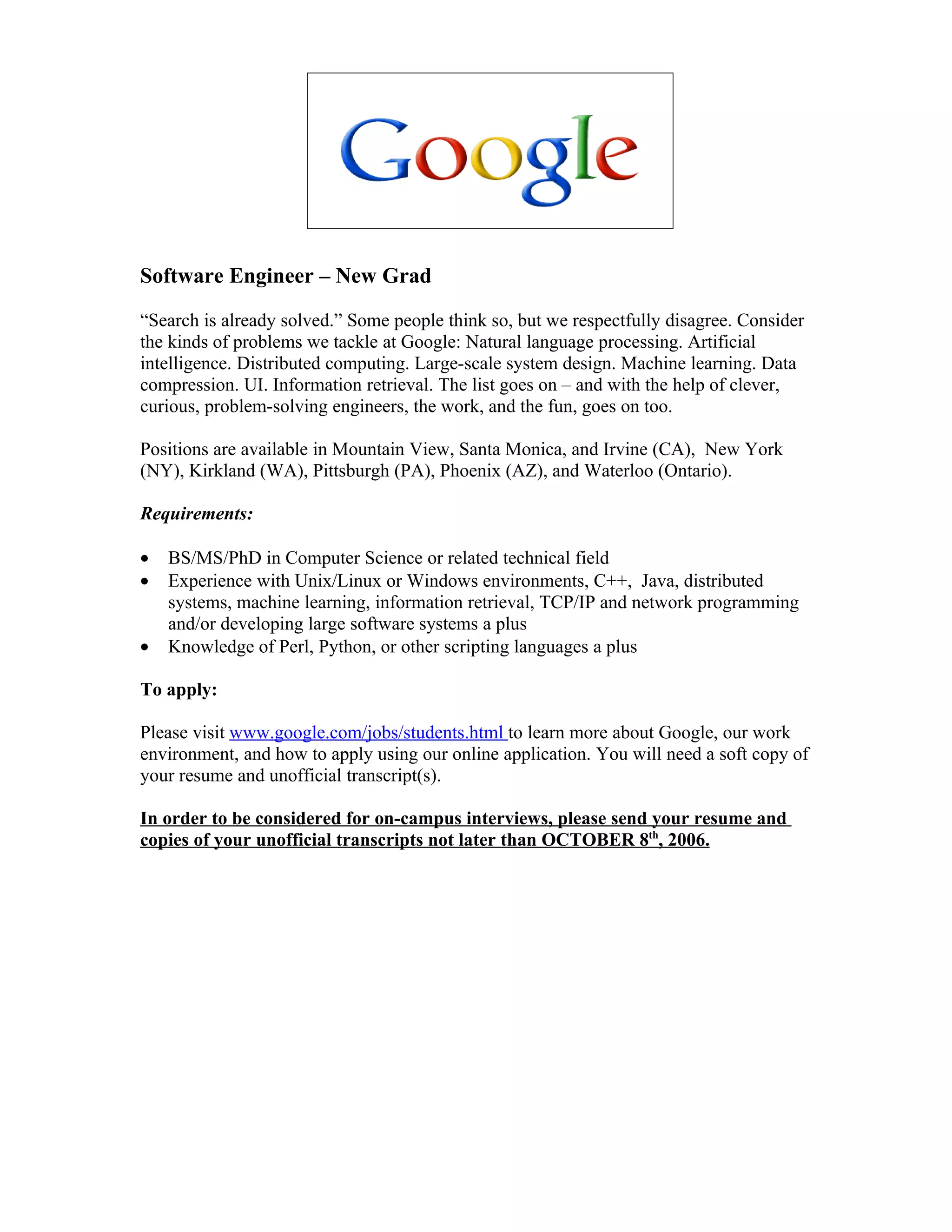 Software Engineer – New Grad | DOC | Computing | Technology & Computing