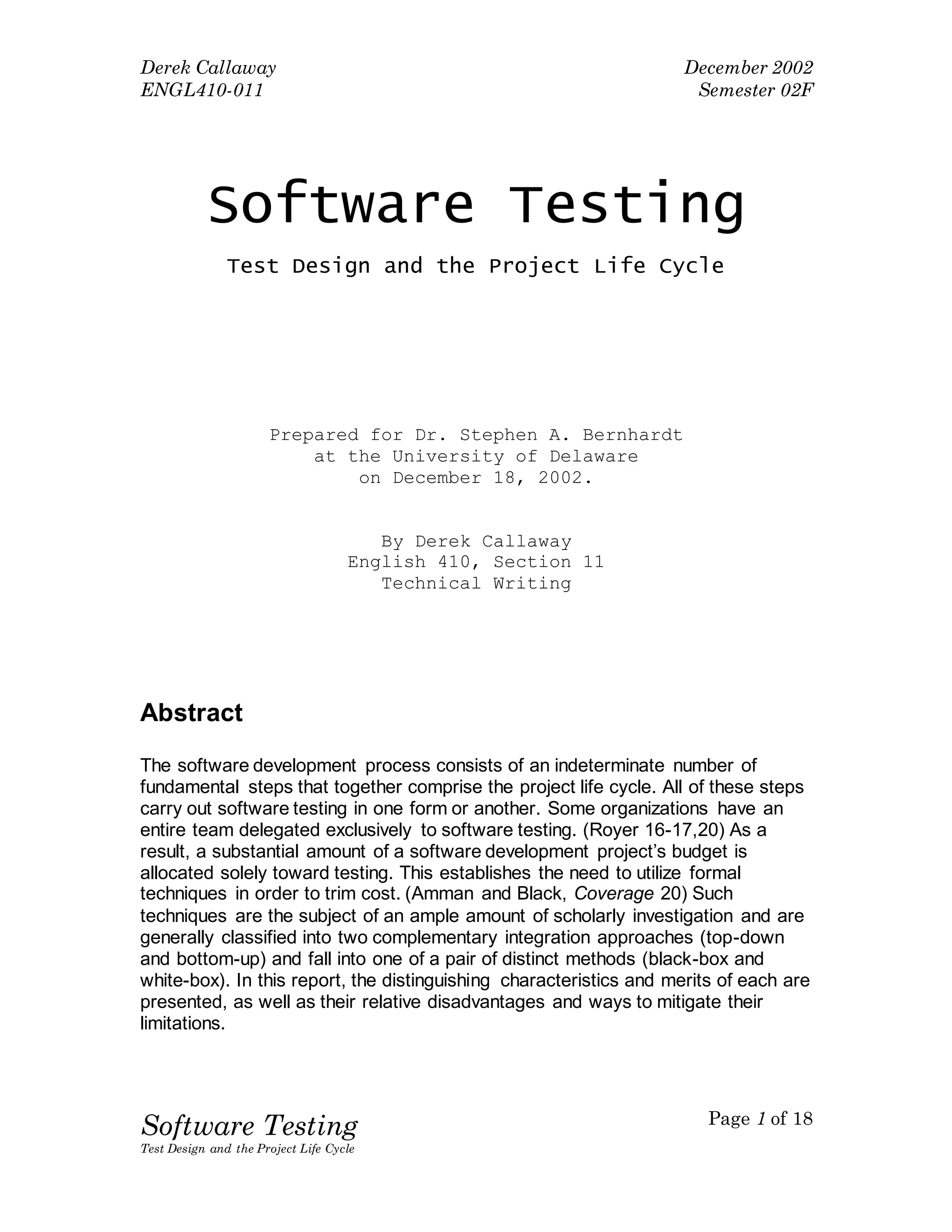 Software Testing: Test Design and the Project Life Cycle | PDF