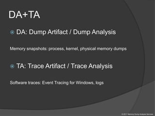 Software Trace and Memory Dump Analysis: Patterns, Tools, Processes and Best Practices | PPT