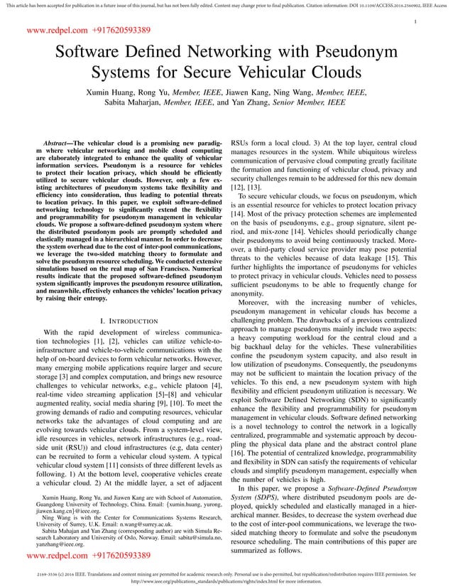 Software defined networking with pseudonym systems for secure vehicular clouds | PDF | Cloud ...