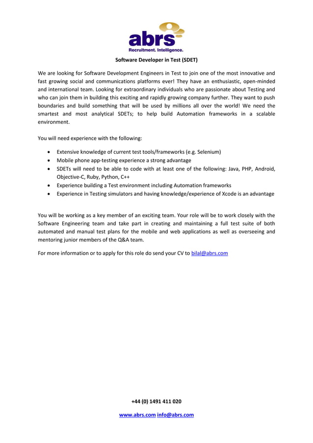 Software Developer In Test Sdet Pdf