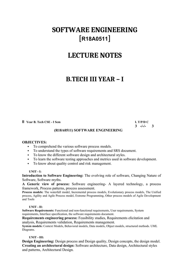 software engineering notes pdf jntuh R18 | DOCX