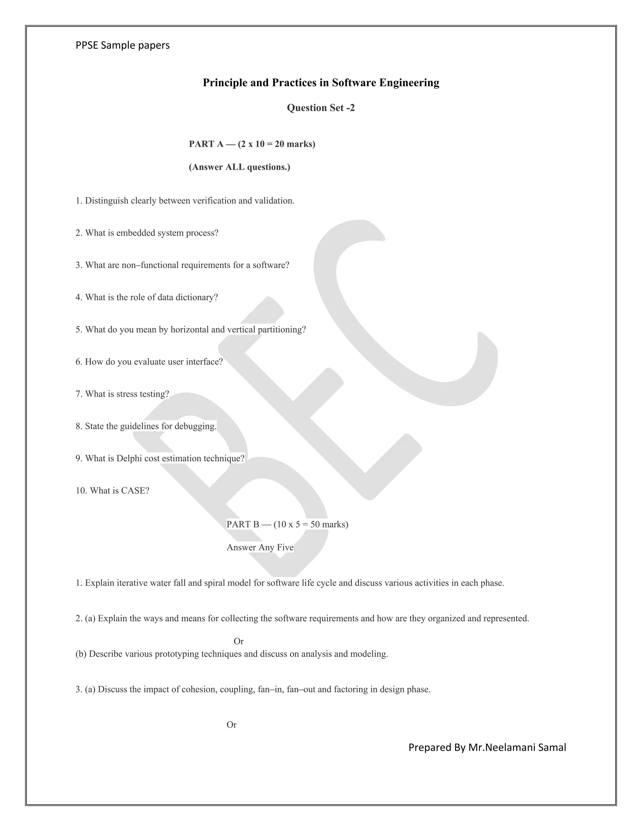 Software Engineering Sample Question paper for 2012 | PDF