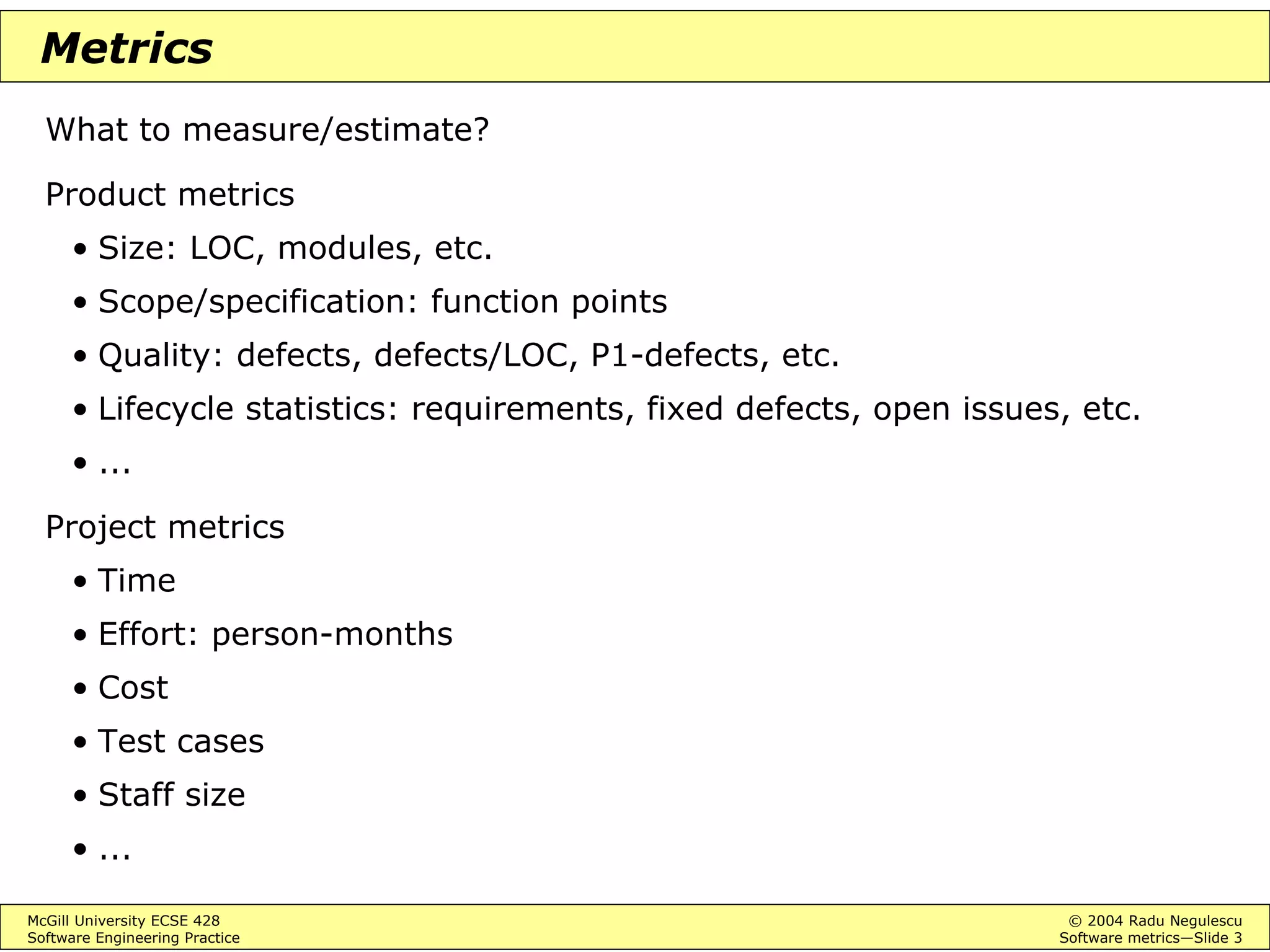 Software Engineering Practice - Software Metrics and Estimation | PDF