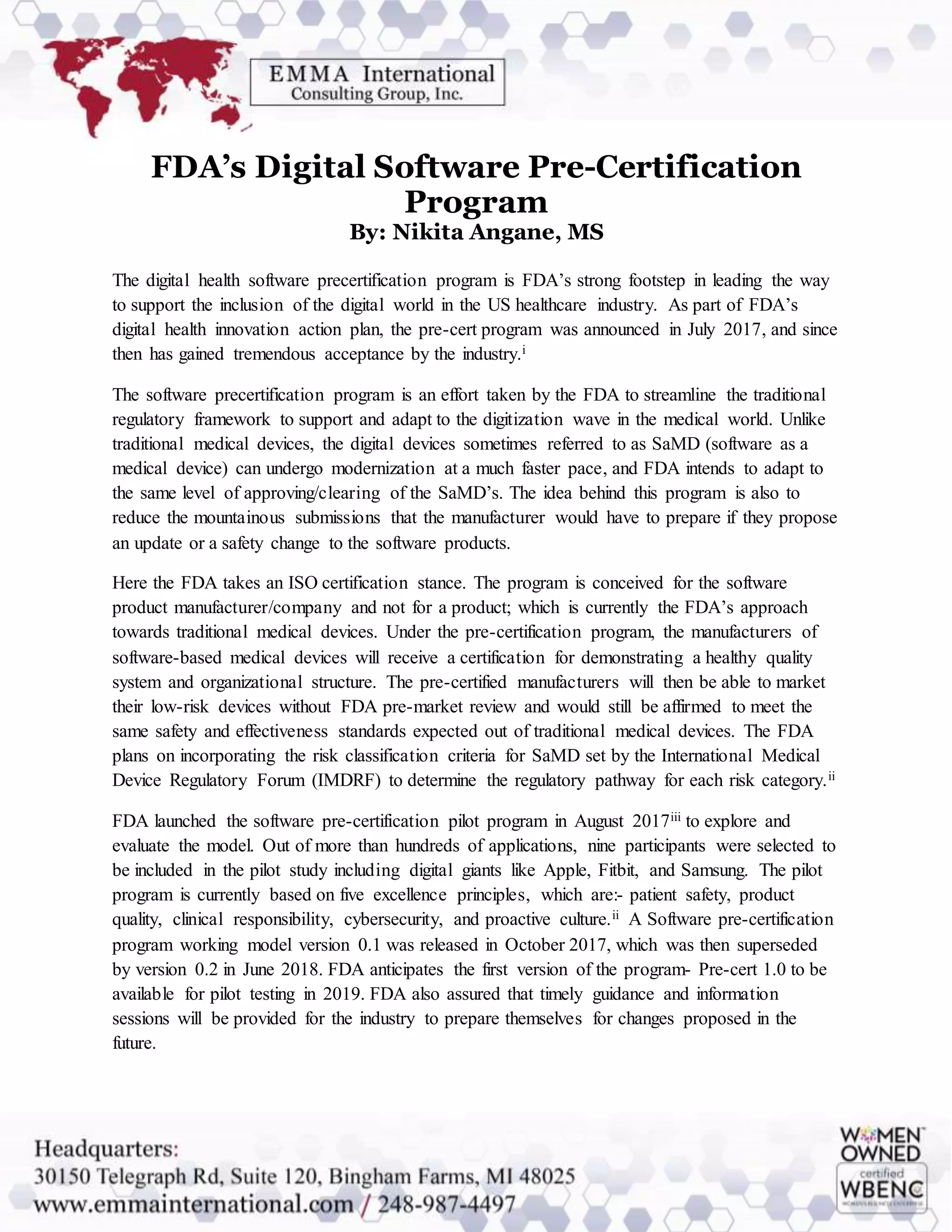 FDA’s Digital Software Pre-Certification Program | DOCX