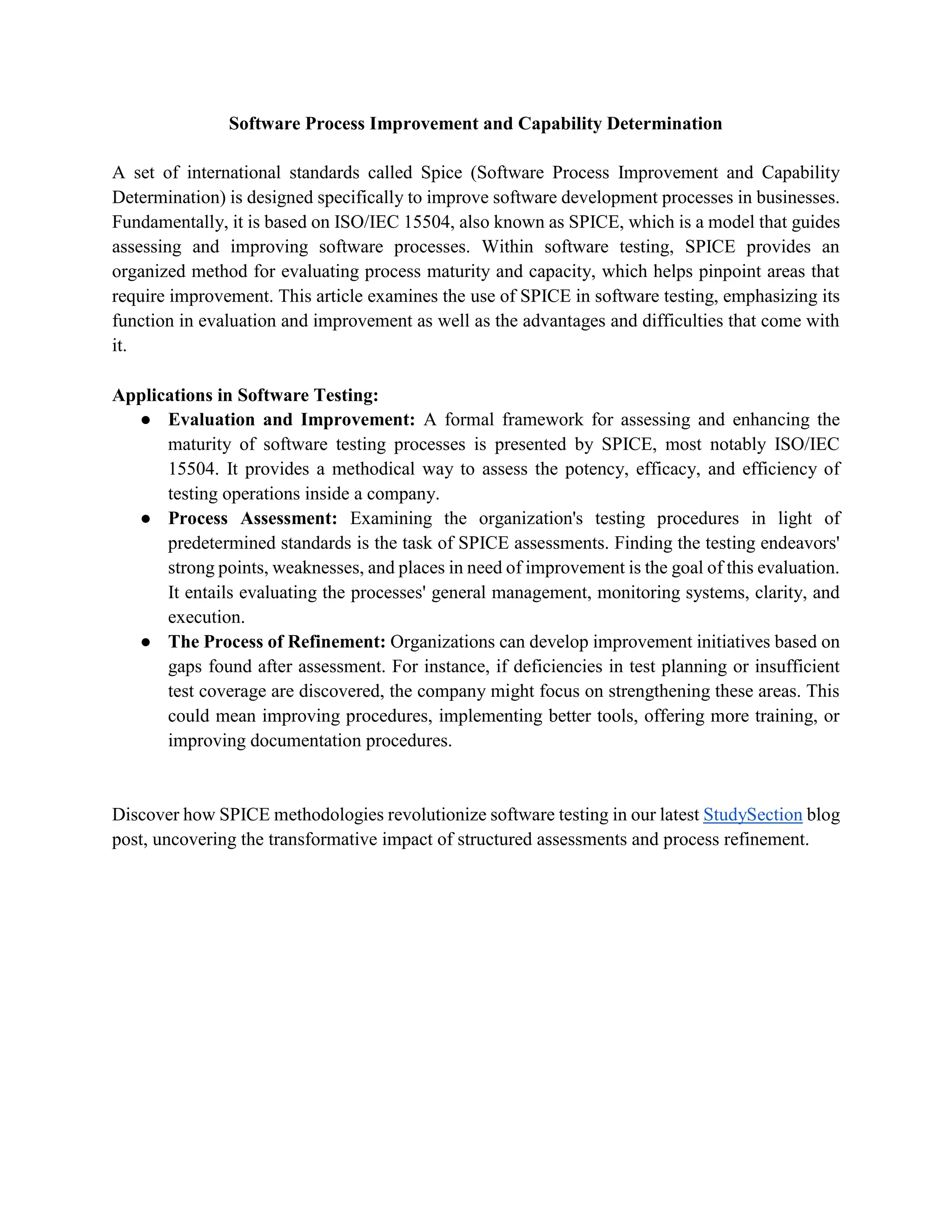 Software Process Improvement and Capability Determination (SPICE) | DOCX