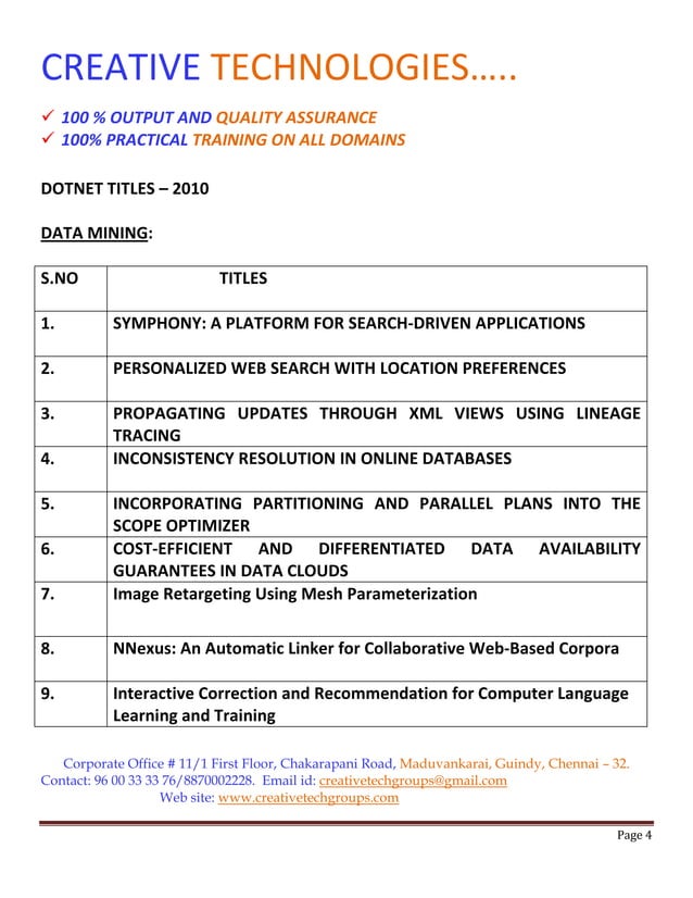 Ieee 2011 Dotnet Projects Creative Technologies Pdf 