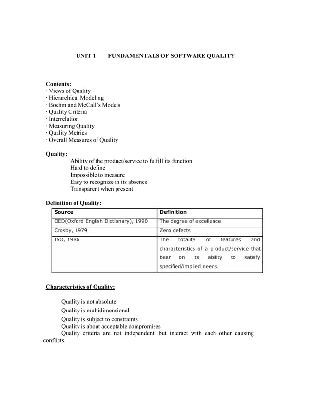 Software Quality Management Lecture Notes Docx Computer Software And Applications Computing