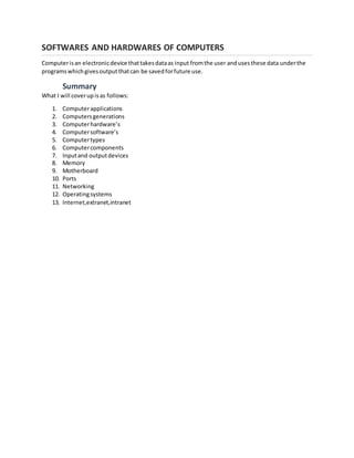 Softwares and hardwares of computers | DOCX