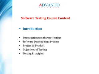 Software testing course content,advanto software | PPT