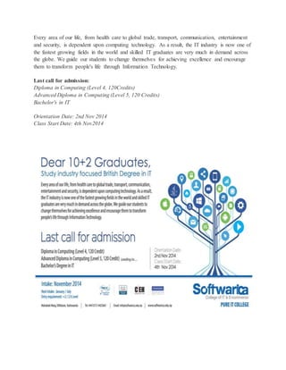 Softwarica College of IT & E-commerce announces admissions open. | DOCX