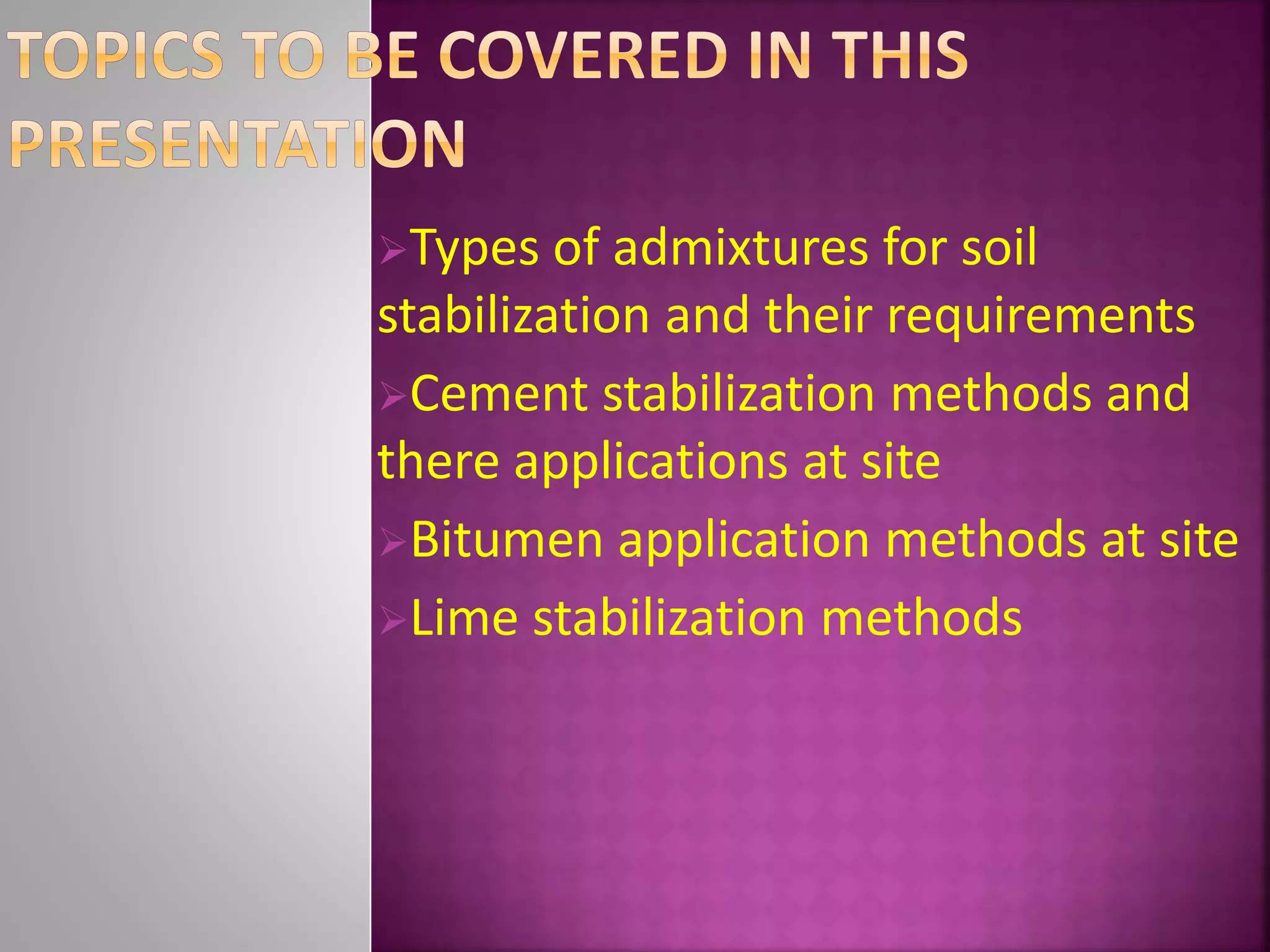 GROUND IMPROVEMENT TECHNIQUES (Soil cement stabilization) | PPTX