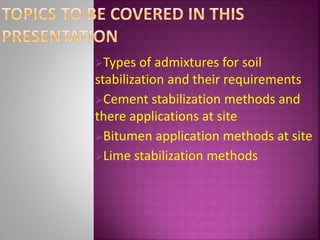 GROUND IMPROVEMENT TECHNIQUES (Soil cement stabilization) | PPTX
