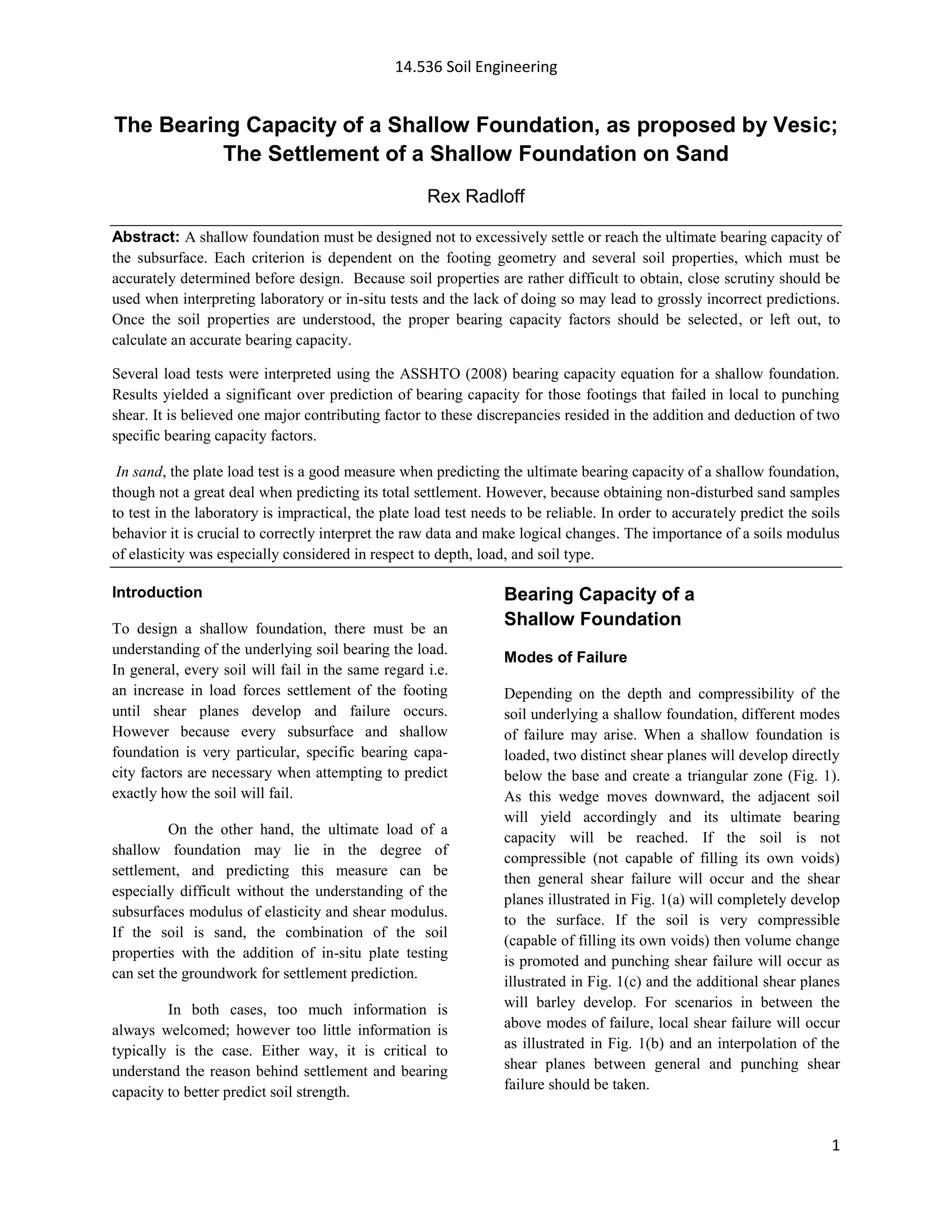 The Bearing Capacity of a Shallow Foundation, as proposed by Vesic; The ...