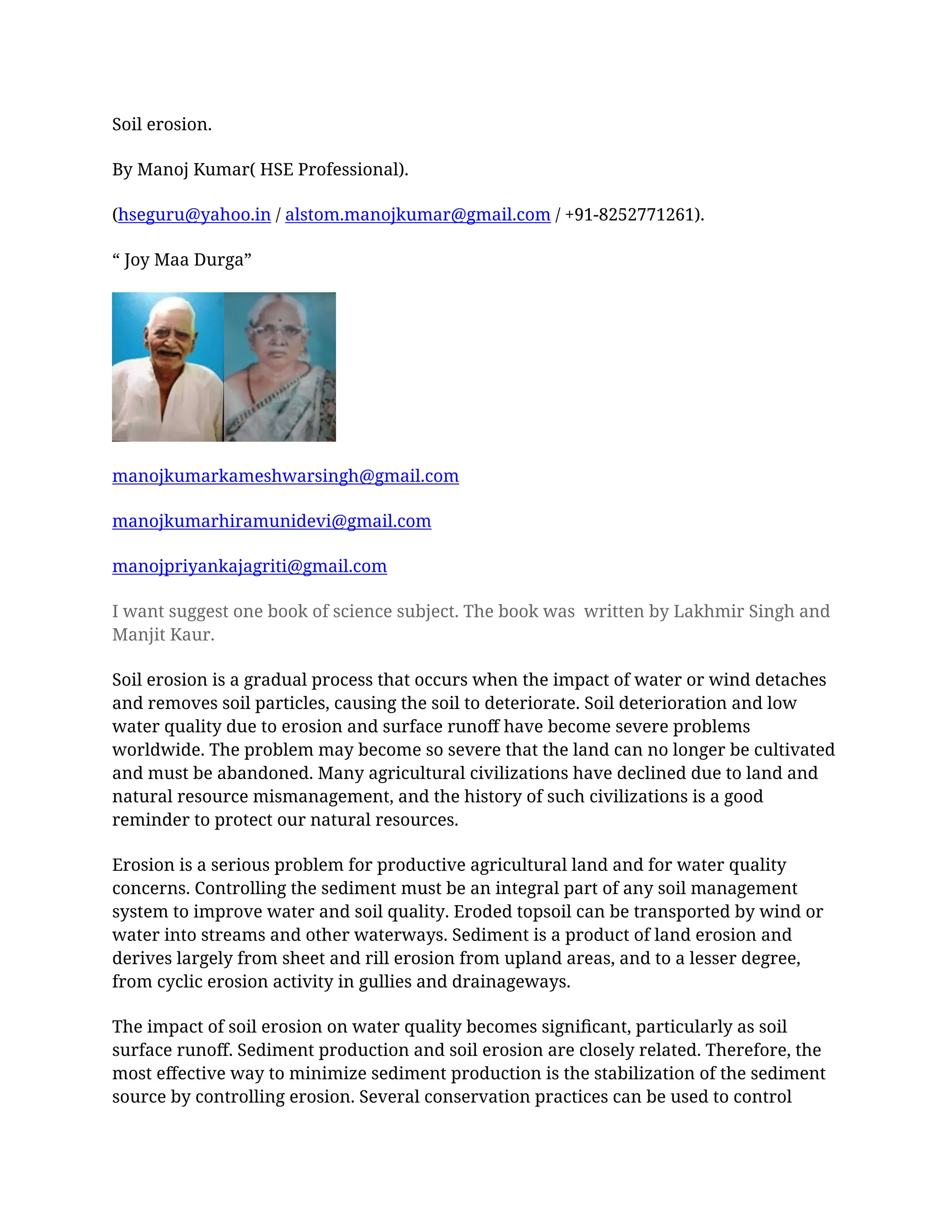 Soil erosion. By Manoj Kumar( HSE Professional). | PDF