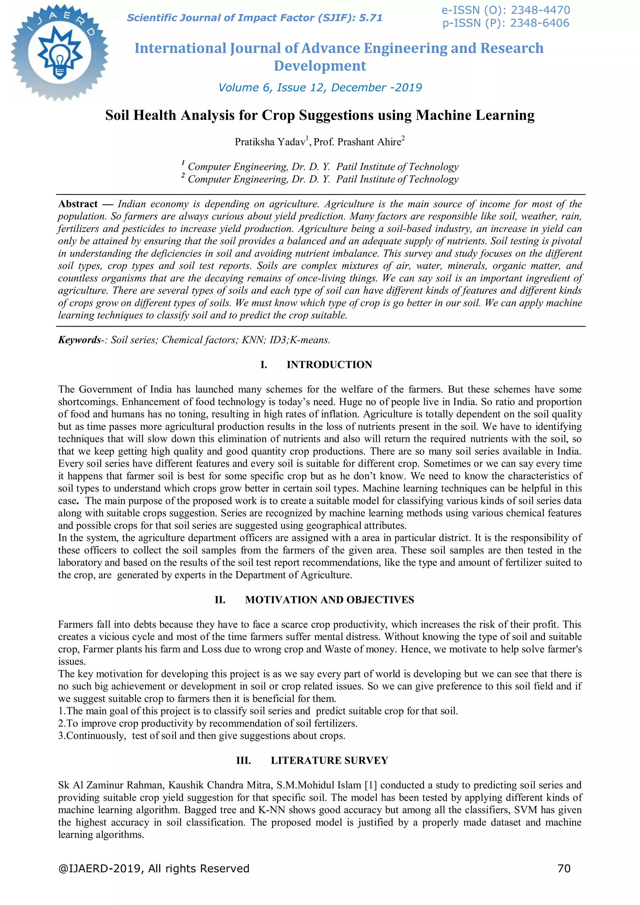 Soil health analysis for crop suggestions using machine learning | PDF