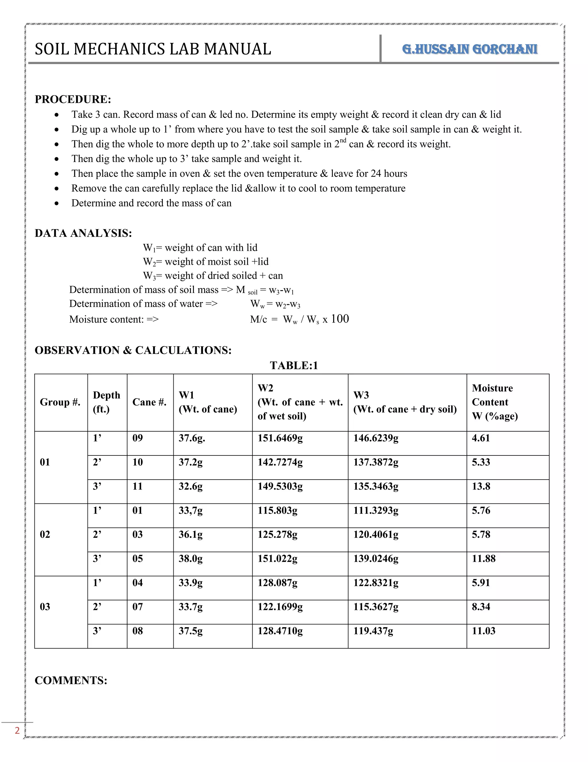 CT-233 SOIL MECHANICS LAB MANUAL BSC Civil | PDF