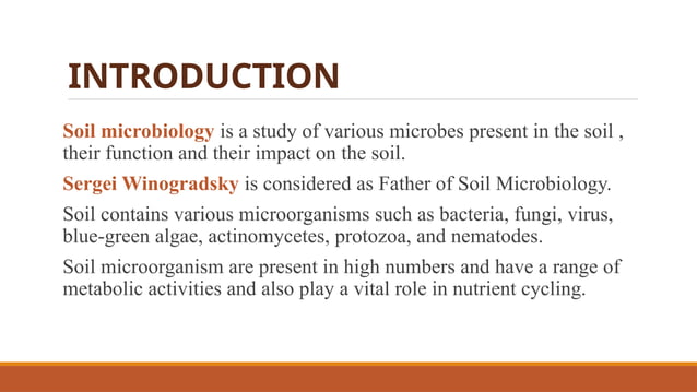 SOIL MICROBIOLOGY and microflora in soil | PPTX | Biological Sciences ...