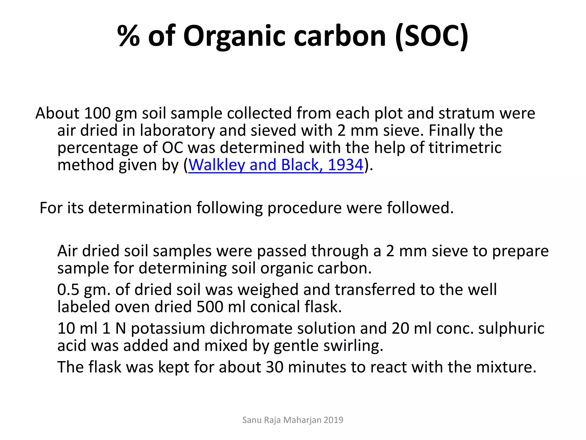 Determining Soil organic carbon by Walkley and Black method | PPTX