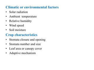 Soil, plant and meteorological factors determining water needs of crops ...