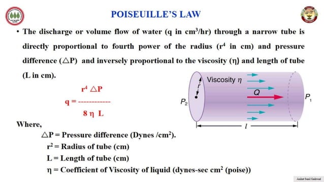 Fundamentals of Fluid flow, Poiseulles law, Laplace’s equation, Darcy’s ...