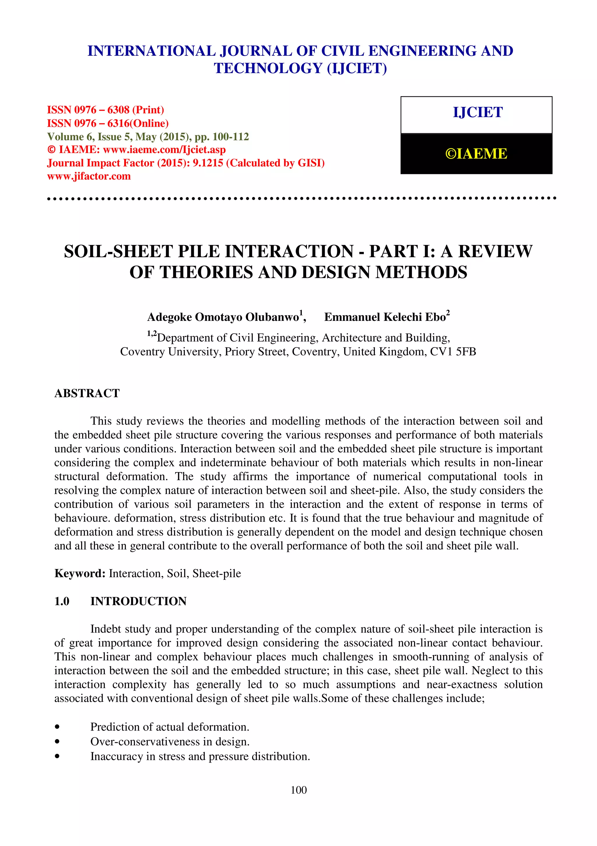 SOIL-SHEET PILE INTERACTION - PART I: A REVIEW OF THEORIES AND DESIGN METHODS | PDF