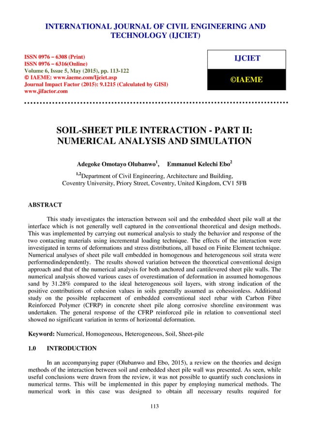SOIL-SHEET PILE INTERACTION - PART II: NUMERICAL ANALYSIS AND SIMULATION | PDF