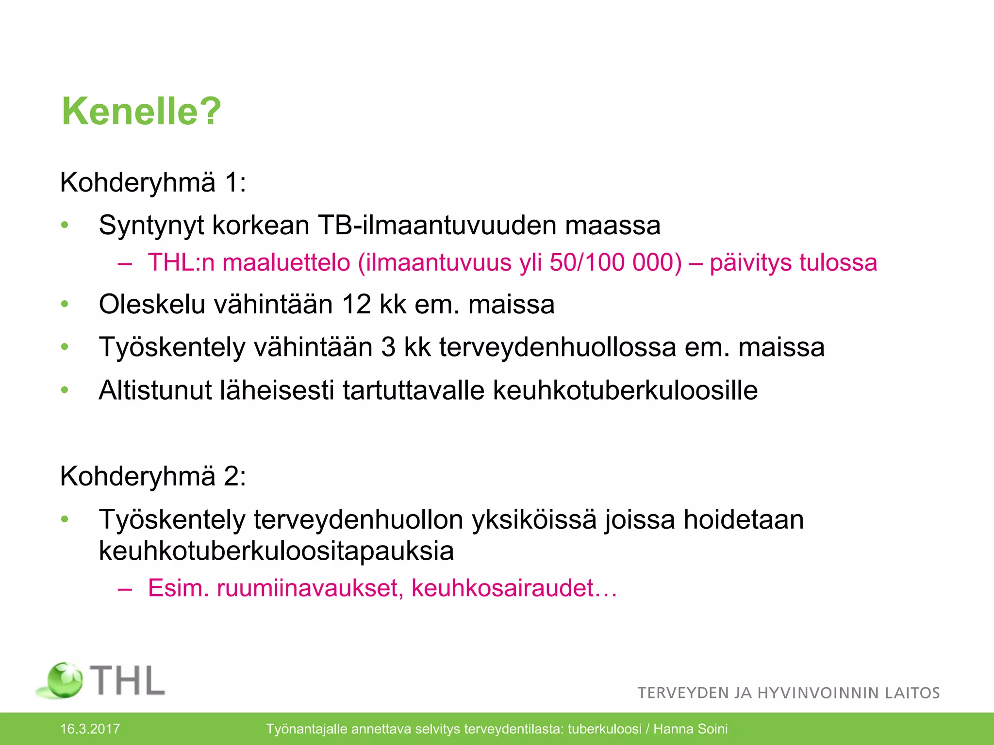Työnantajalle annettava selvitys terveydentilasta, tuberkuloosi | PDF