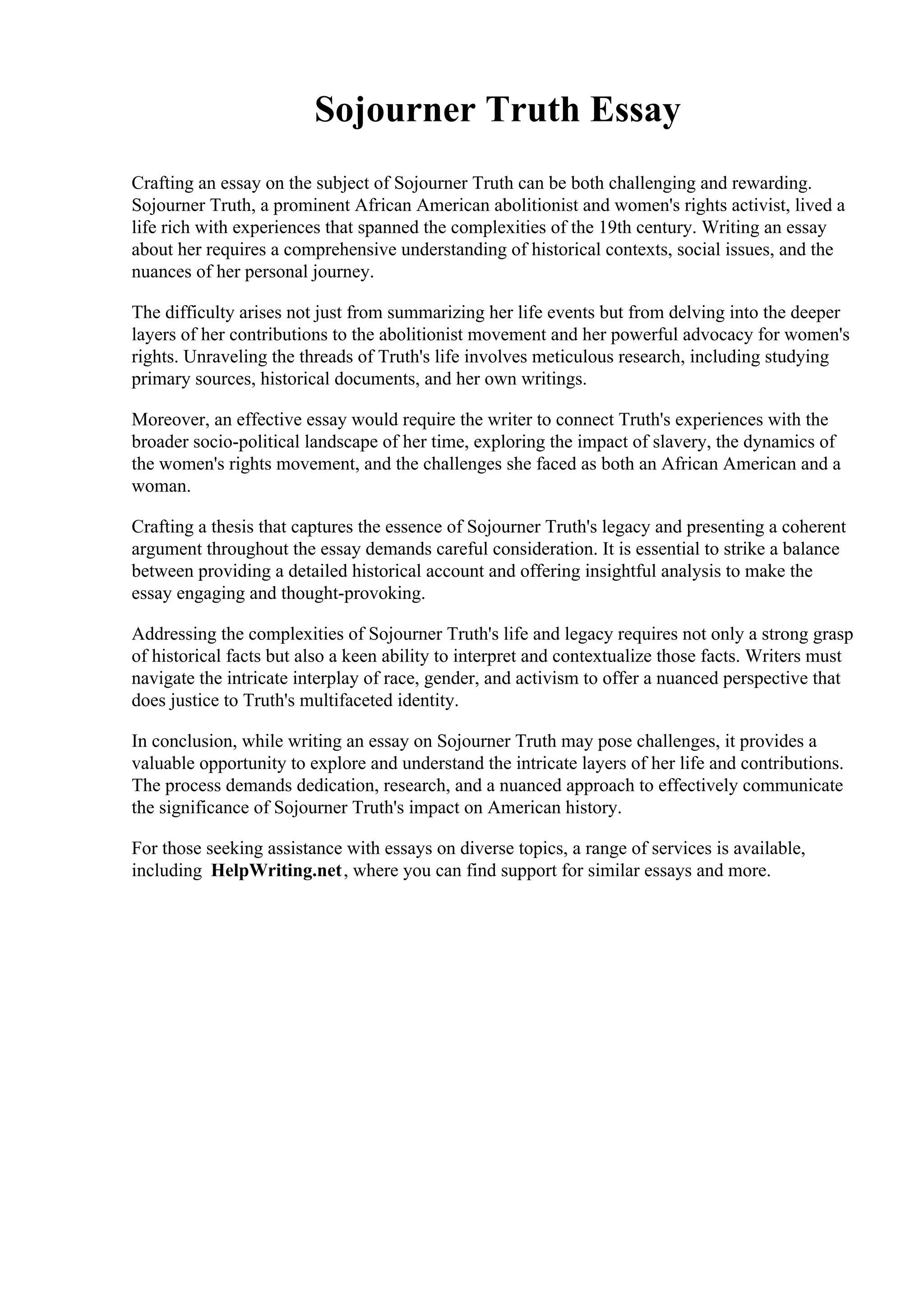 Sojourner Truth Essay. Mount St. Mary's University | PDF