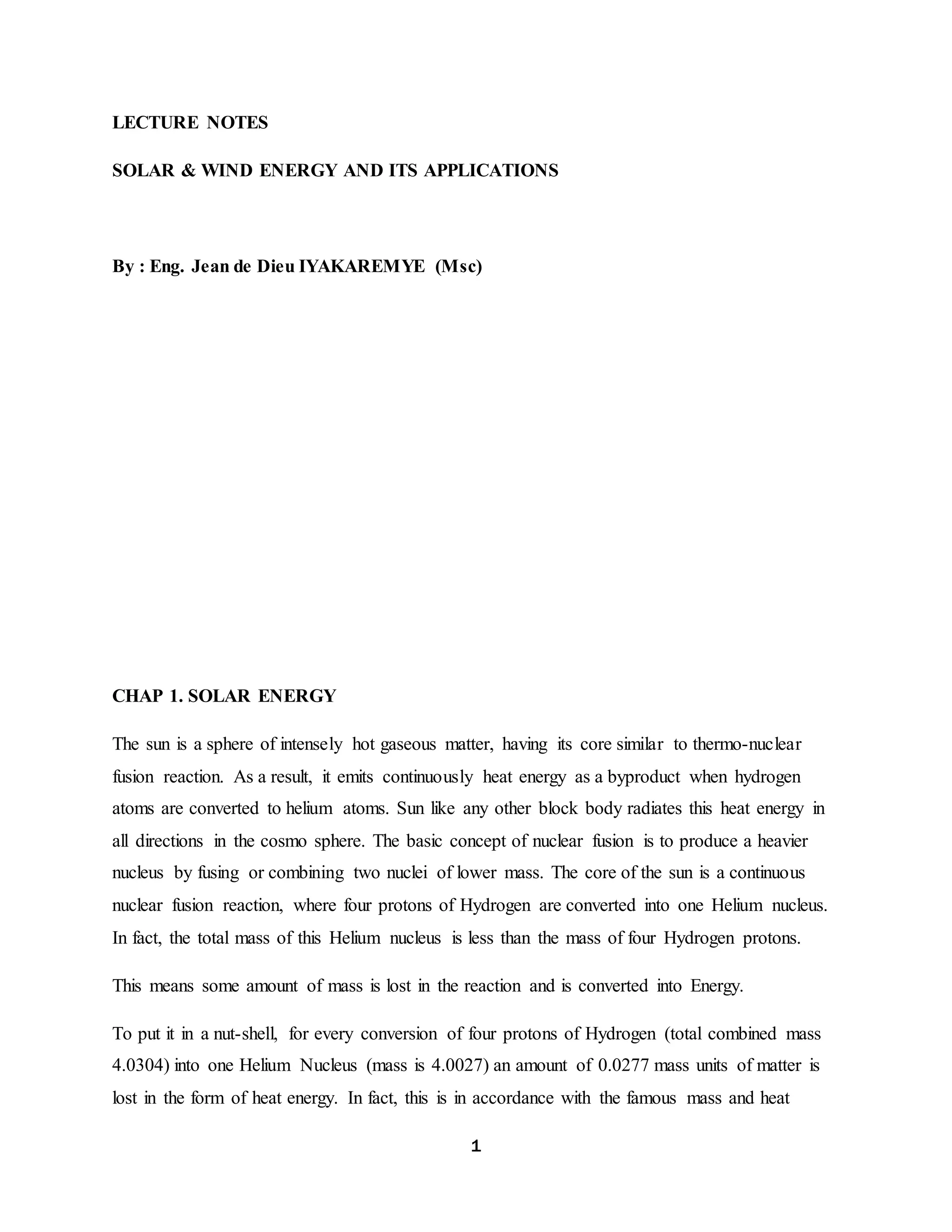 Solar and wind students lecture notes with exercises | DOCX