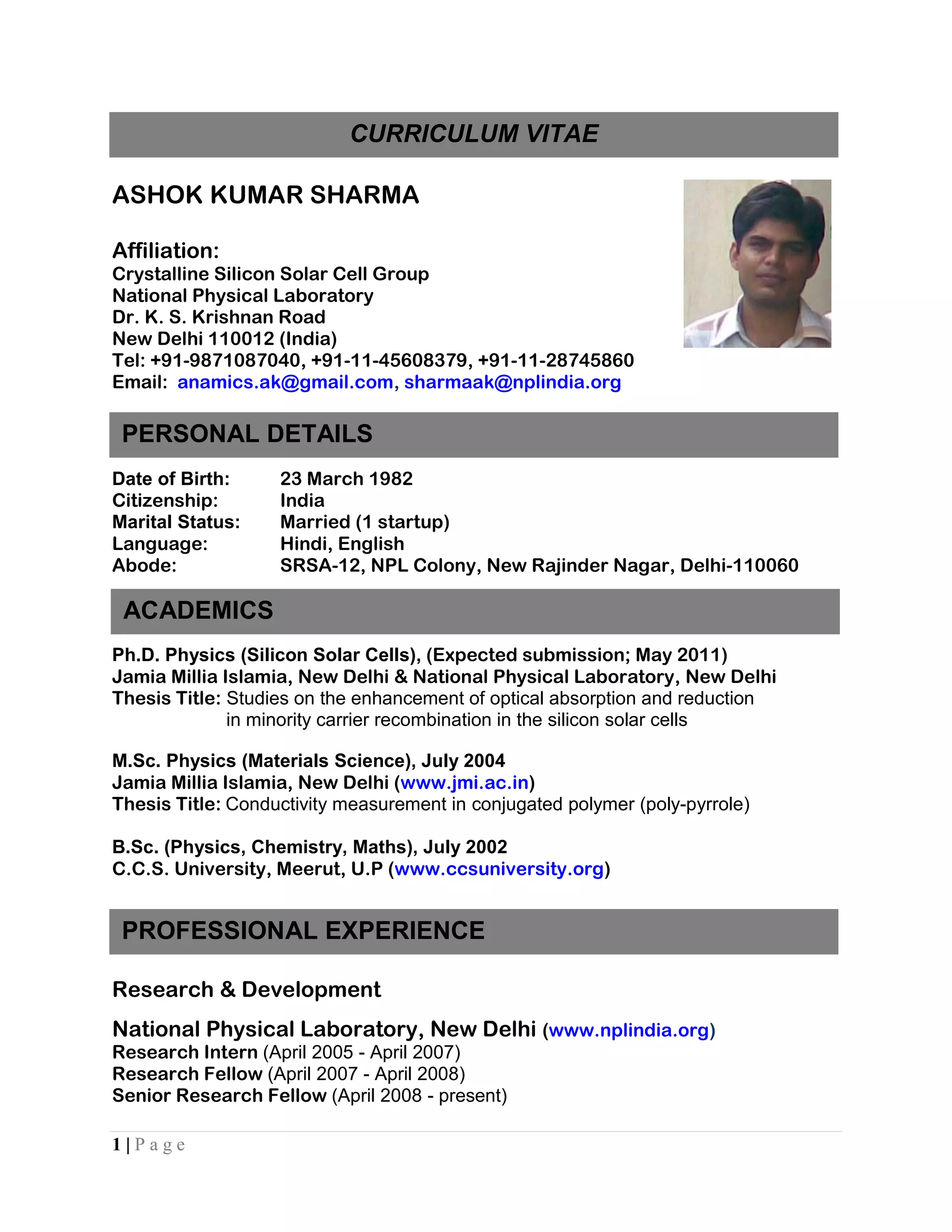 Silicon Solar Cell R&D (CV_Ashok) | PDF