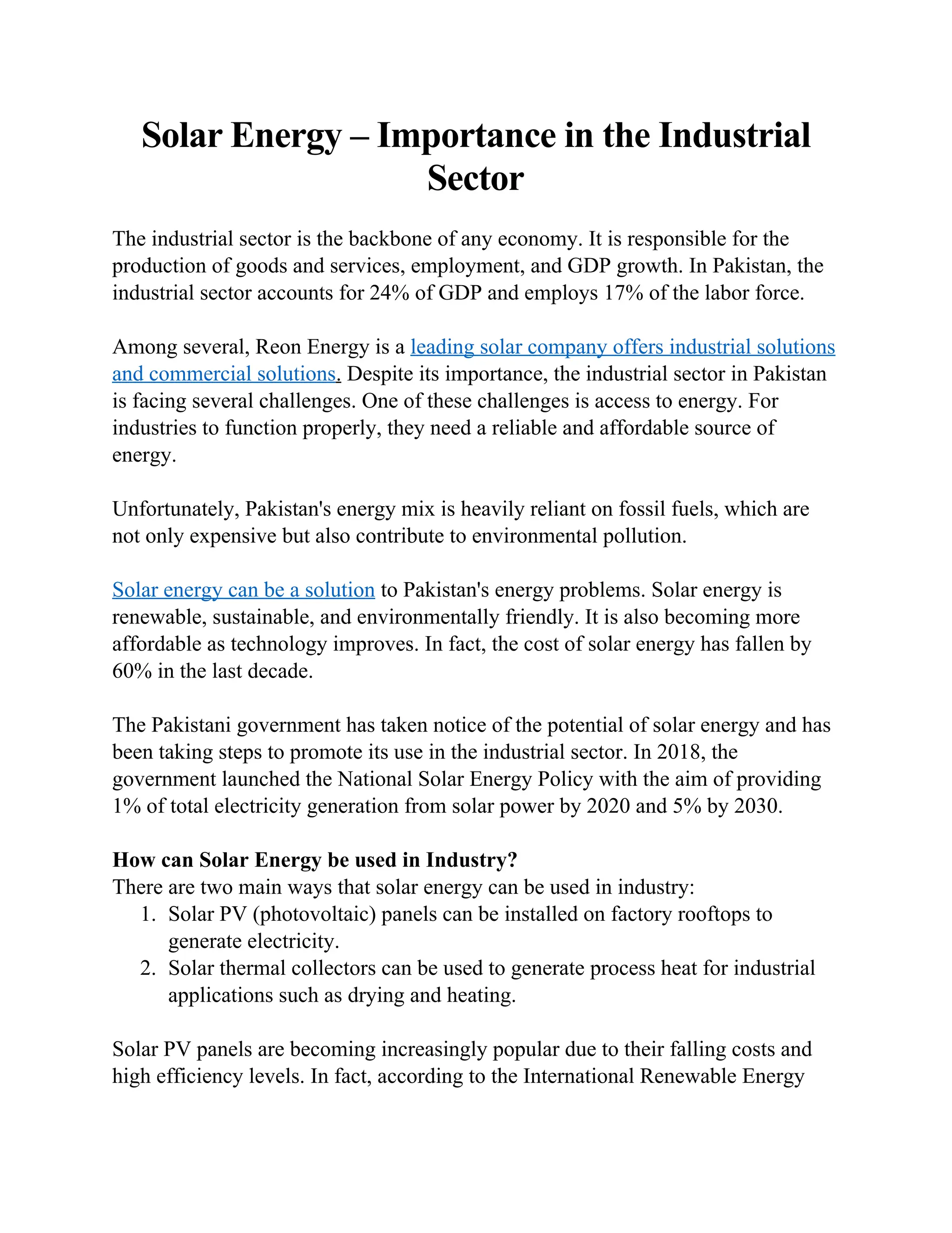 Solar Energy – Importance in the Industrial Sector | PDF