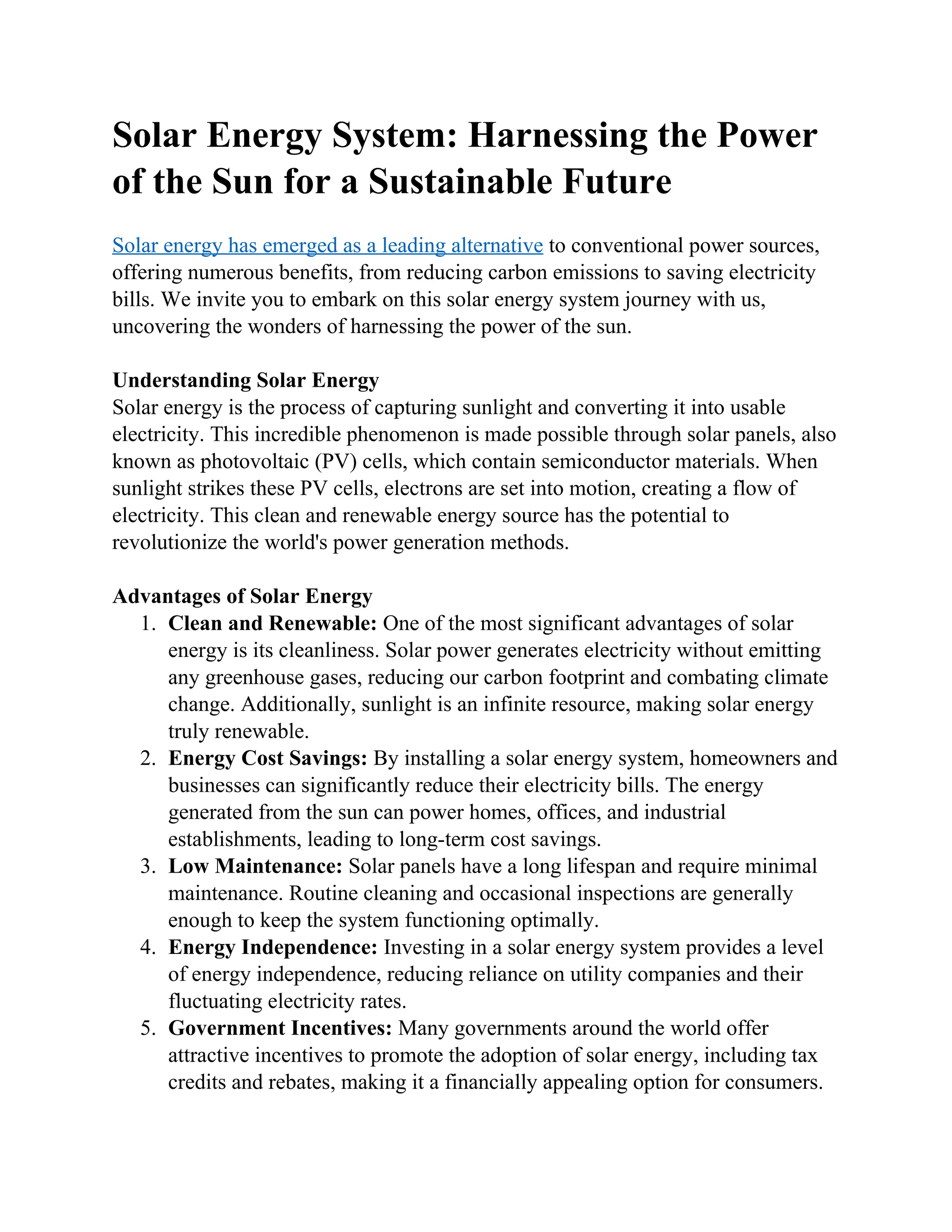 Solar Energy System Harnessing the Power of the Sun for a Sustainable ...